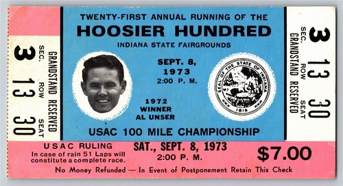 Hoosier Hundred Ticket Stub - Sat Sept. 8 1973 Auto Race Racing - Seat ...