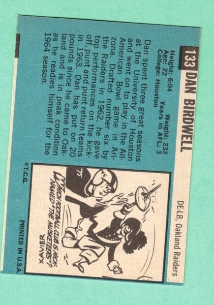 (1) DAN BIRDWELL 1964 TOPPS # 133 RAIDERS ROOKIE NFL EX-MT CARD (K4358 ...