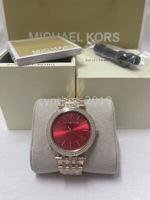 Michael Kors MK3378 Darci Glitz Rose Gold Tone Red Pave Bezel Women's ...