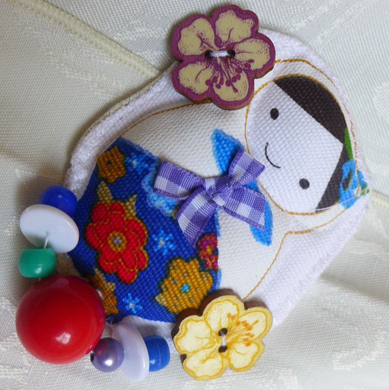 Fabric Handcrafted Brooch Pin Doll Print Flower Buttons Beads One Of A ...
