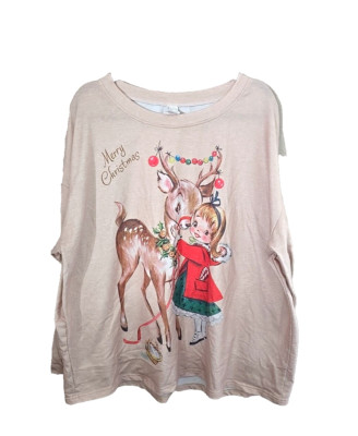 Womans Pink Retro Christmas Girl & Reindeer Graphic Long Sleeve Top ...