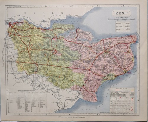 1884 Comté Carte Kent Railwys Routes Folkestone Canterbury Maidstone ...
