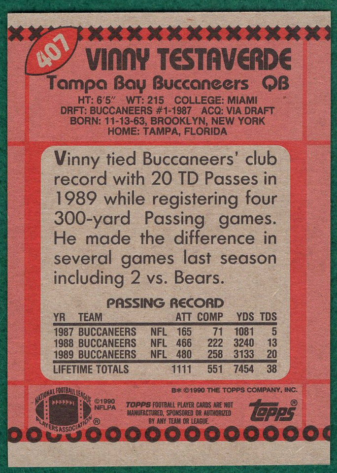 Vinny Testaverde - 1990 Topps #407 - Tampa Bay Buccaneers Football Card ...