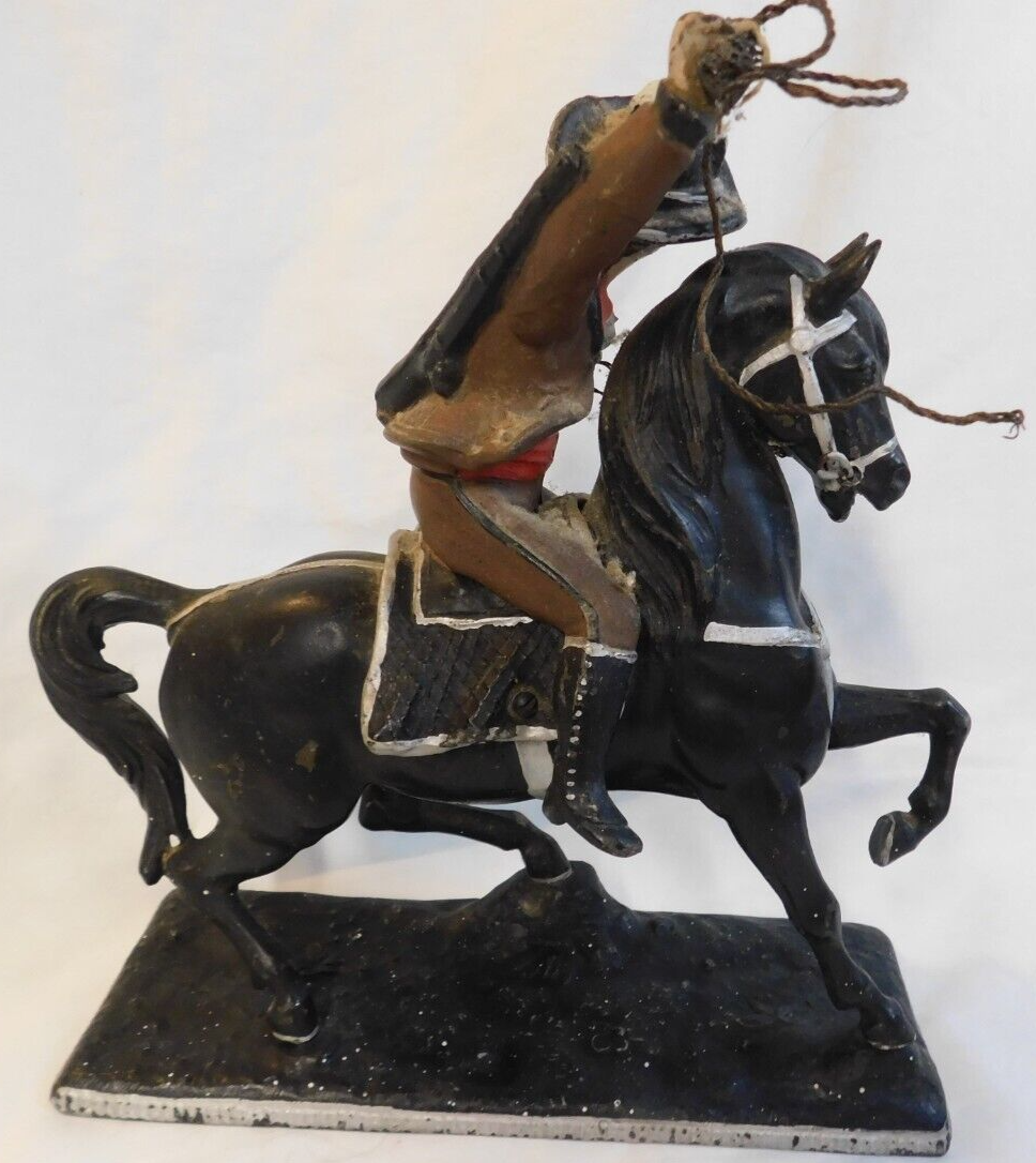 ANTIQUE~ CAST IRON MUSKETEER ON HORSEBACK WITH LASSO~10" TALL X 9 1/2 ...