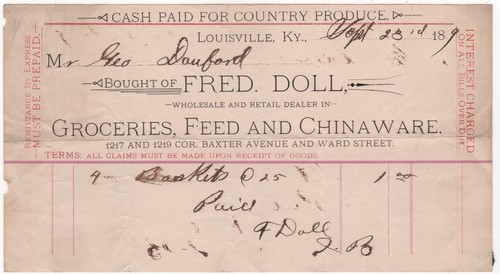Fred Doll Groceries Feed and Chinaware Bill Receipt Louisville KY 1890 ...