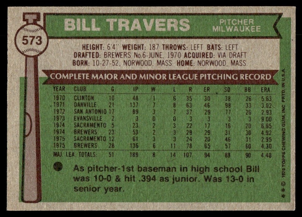1976 Topps Baseball Card Bill Travers Milwaukee Brewers #573 NM | eBay