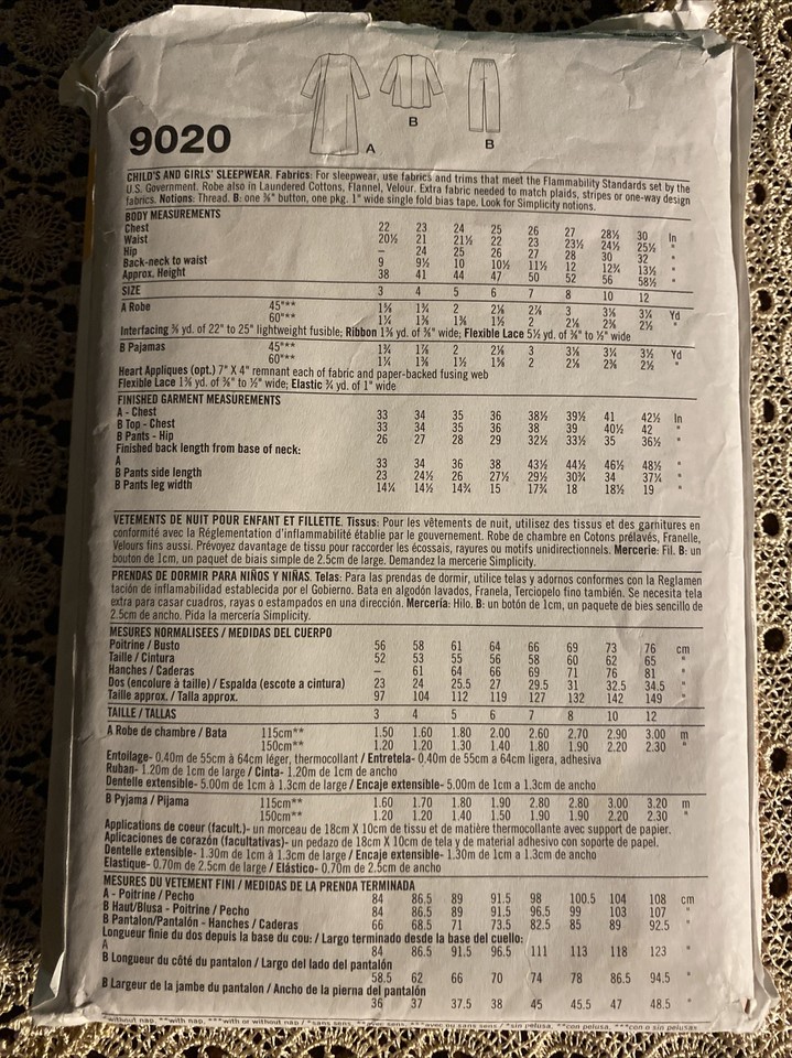 Simplicity Easy Sew Pattern 9020 Girls Pajamas Sleepware Robe Size 3 ...
