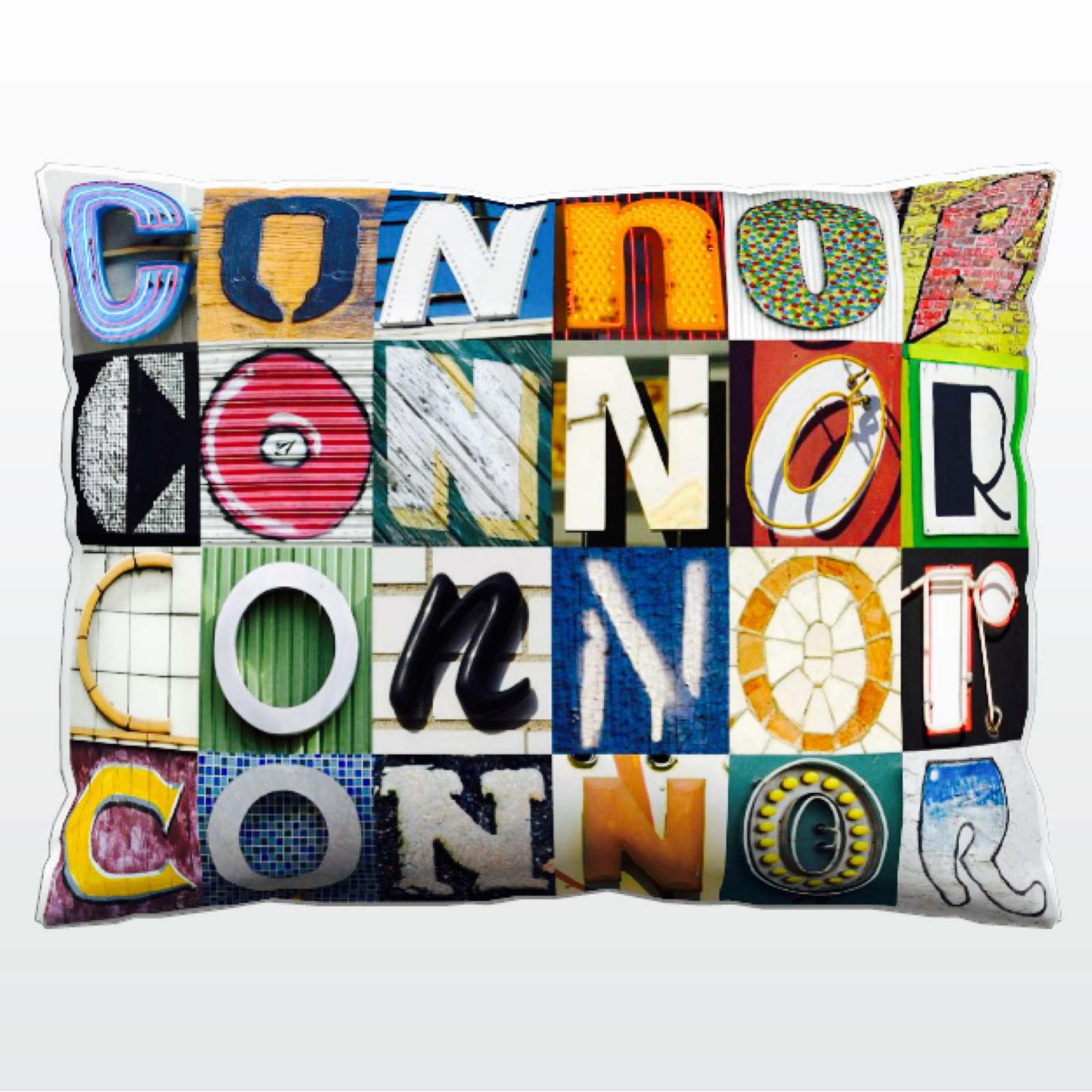 Personalized Pillow featuring the name CONNOR in photos of sign letters ...