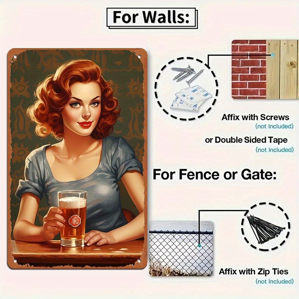 Vintage Beer Woman Metal Tin Signs Wall Art 8x12 Wrought Retro Pinup ...