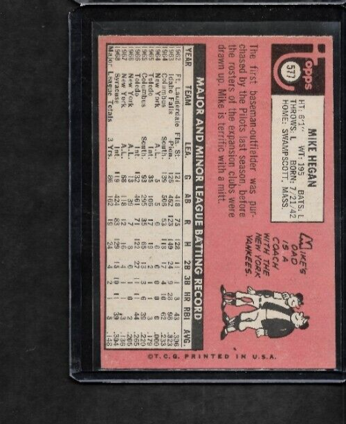 VINTAGE 1969 TOPPS BASEBALL HIGH#577 MIKE HEGAN SEATTLE PILOTS NM | eBay