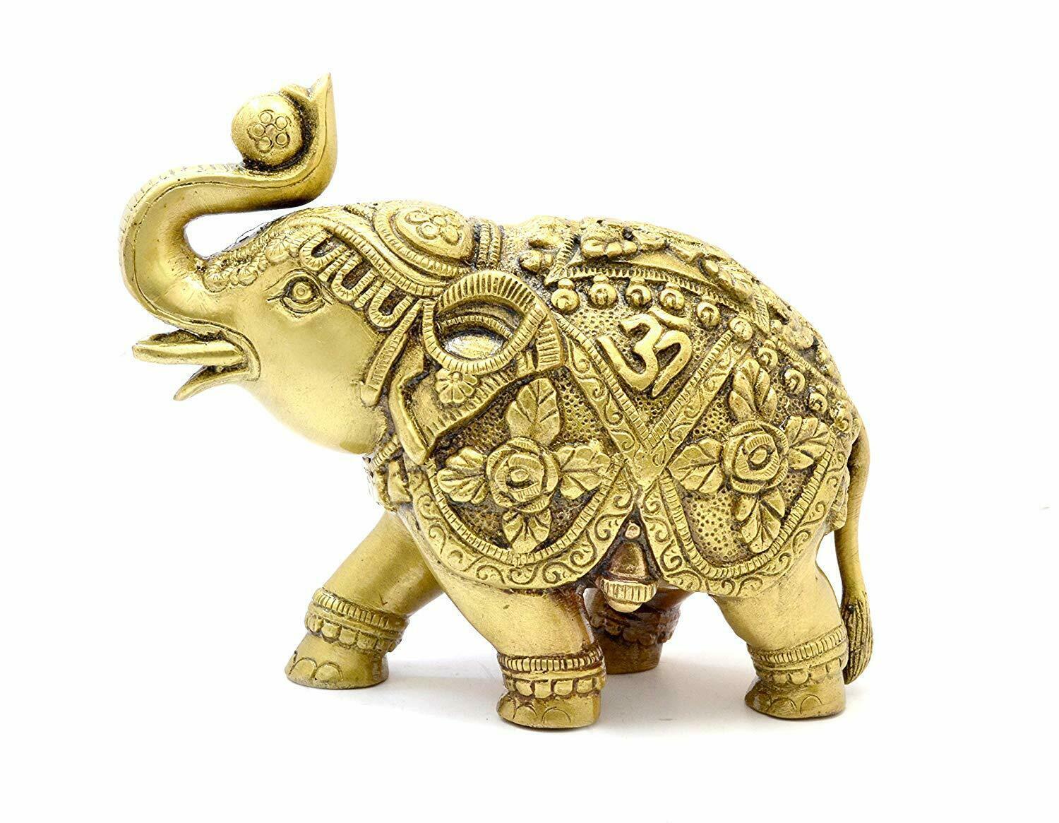Brass Showpiece Elephant with Om and Swastika Carving 7 Inches Home ...