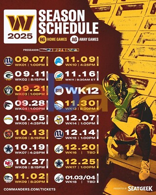 Washington Commanders 2025 Season Schedule 8x10 NFL Football Photo | eBay