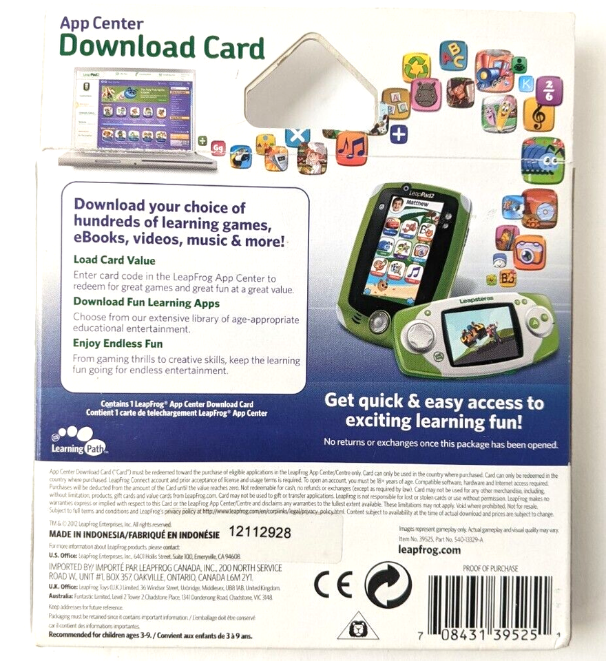 LeapFrog App Center Download Card $20 Value Leapster Explorer LeapPad ...