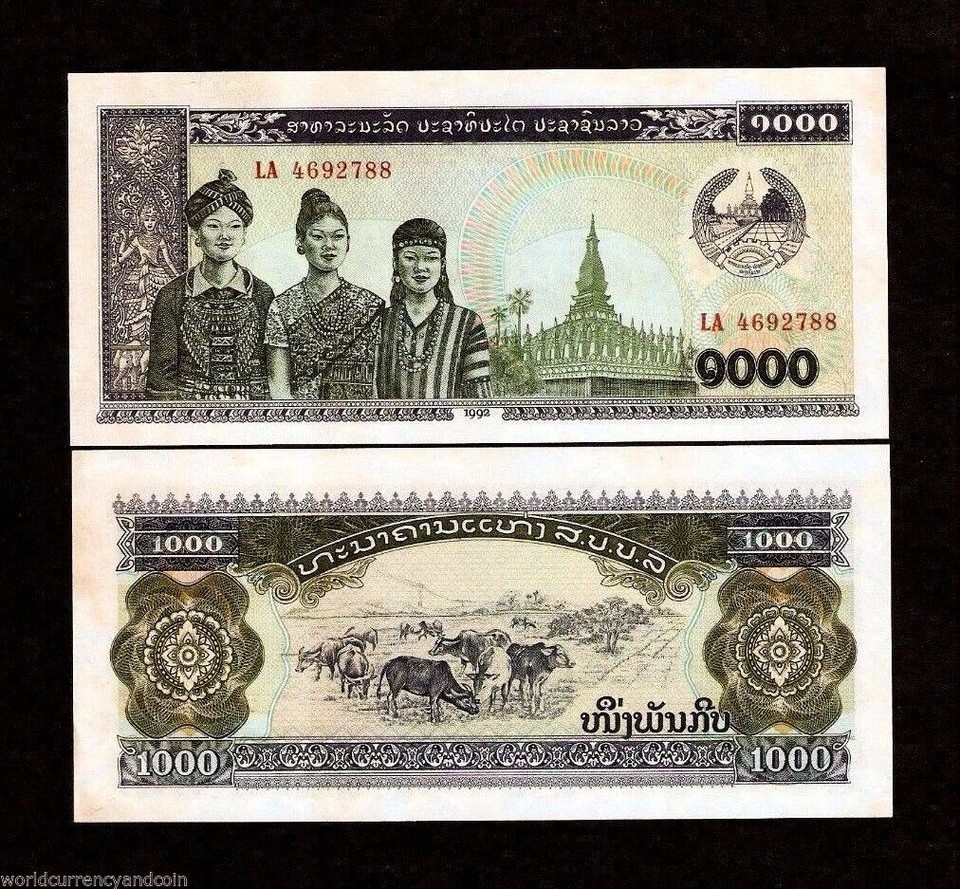 LAO LAOS 1000 KIP P-32 A 1992 CATTLE TEMPLE UNC Tone MONEY BILL BANK ...