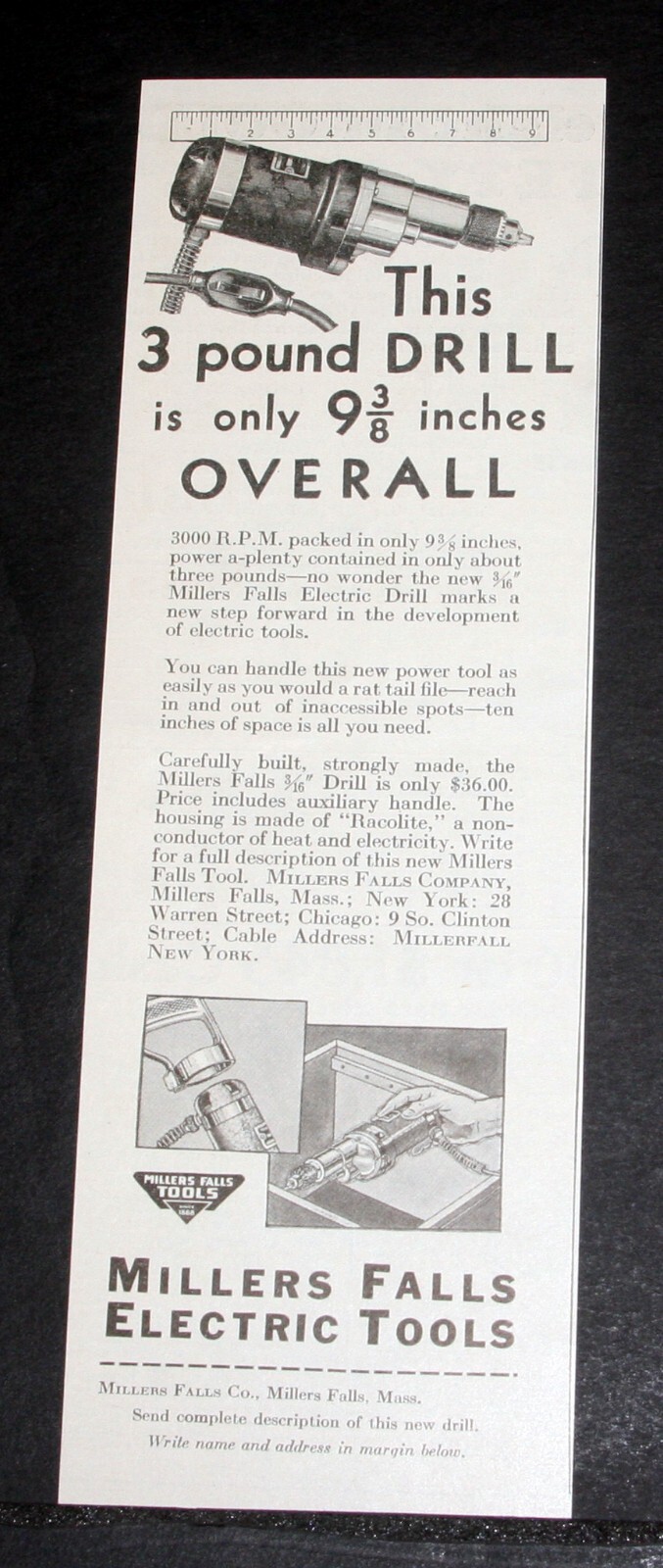 1930 OLD MAGAZINE PRINT AD, MILLER FALLS ELECTRIC TOOLS, 3/8" ELECTRIC ...