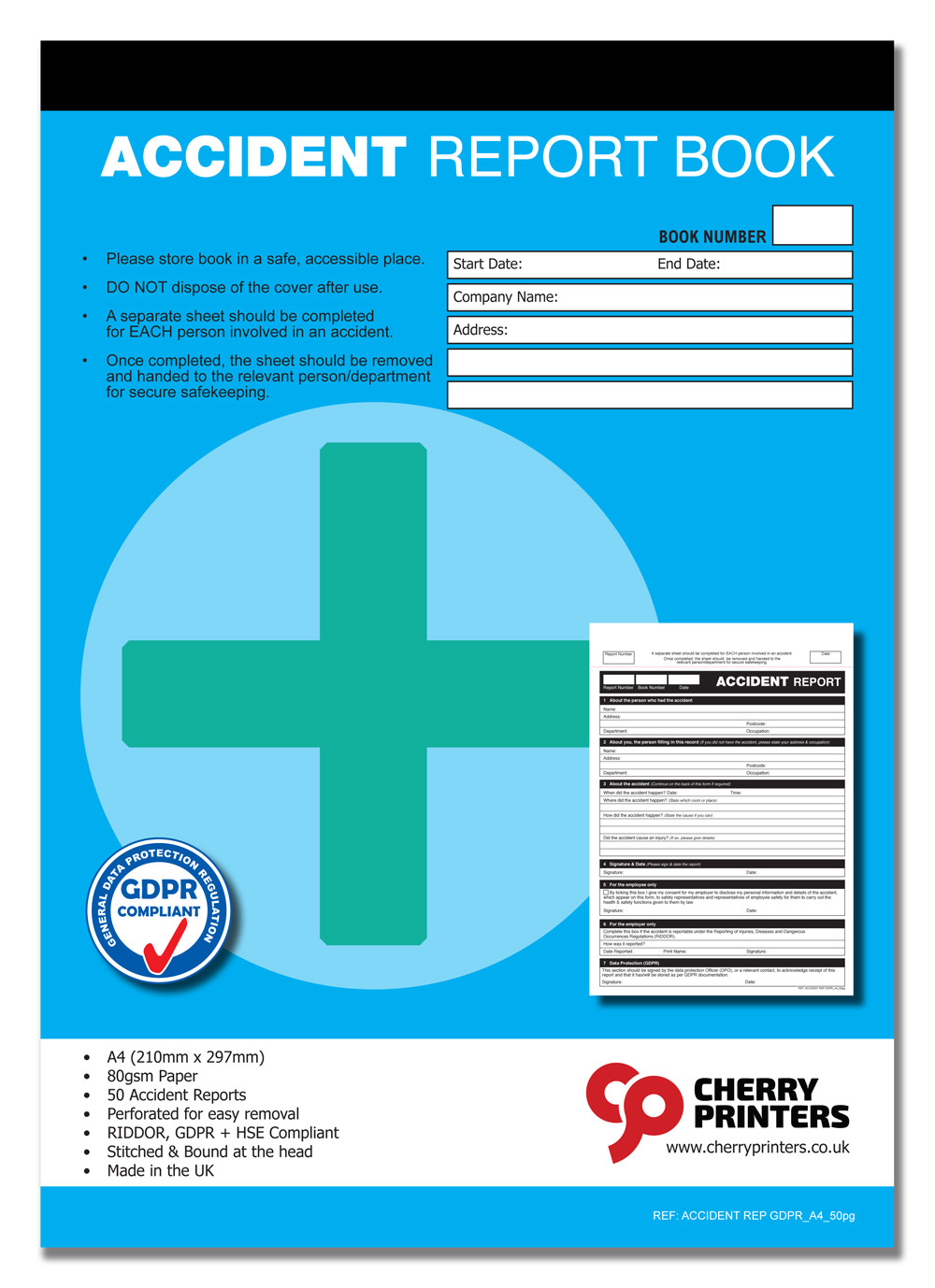 Cherry GDPR First Aid Accident Report Book A5 (148mm x 210mm) 50 page ...