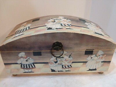 Large Chef Decorated Wood Box Kitchen Storage Recipe Box Hinged Lid ...