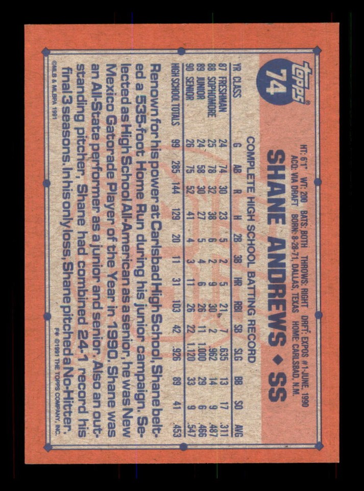 1991 Baseball Topps Shane Andrews Montreal Expos #74 FRDP RC | eBay