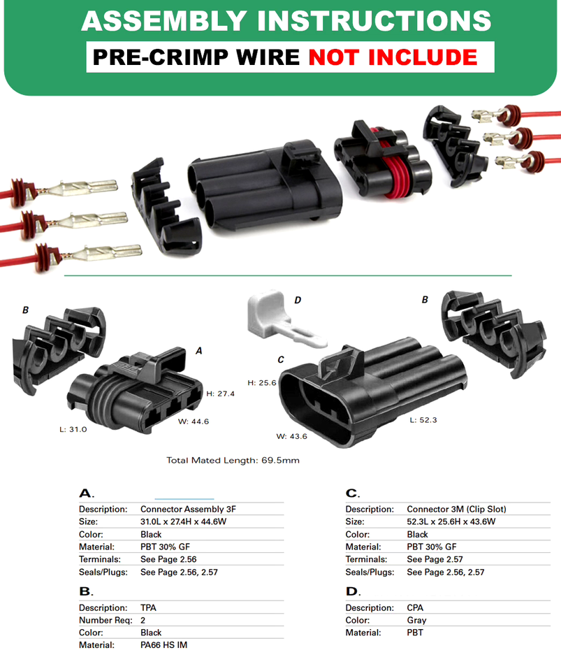 259PCS (2,3 PIN,Cap) APTIV 46A Metri-Pack 630 Series w/10-12-14-16 AWG ...