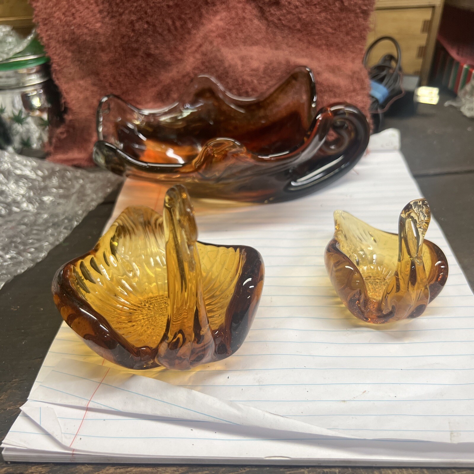 Lot of 3 Italy Hand Blown Art Glass Amber Swan Dishes | eBay