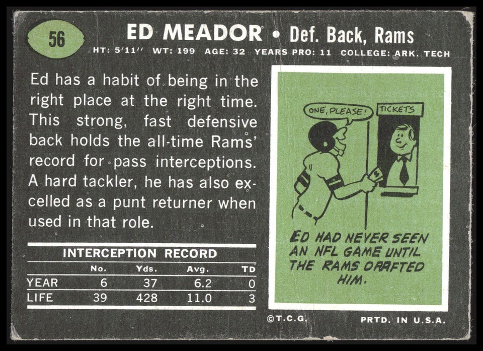 1969 Topps Ed Meador # 56 Creased Los Angeles Rams 6GG | eBay