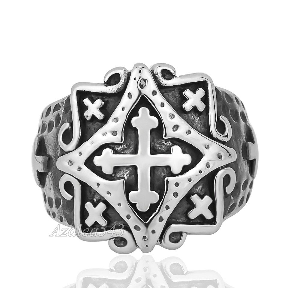 Men's Vintage Silver Coptic Christian Cross Stainless Steel Shield Ring ...