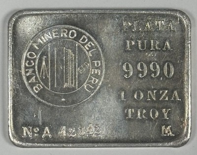 Vintage Banco Minero Del Peru 1 Ounce Onza Troy Ingot Plata Pura .999 ...