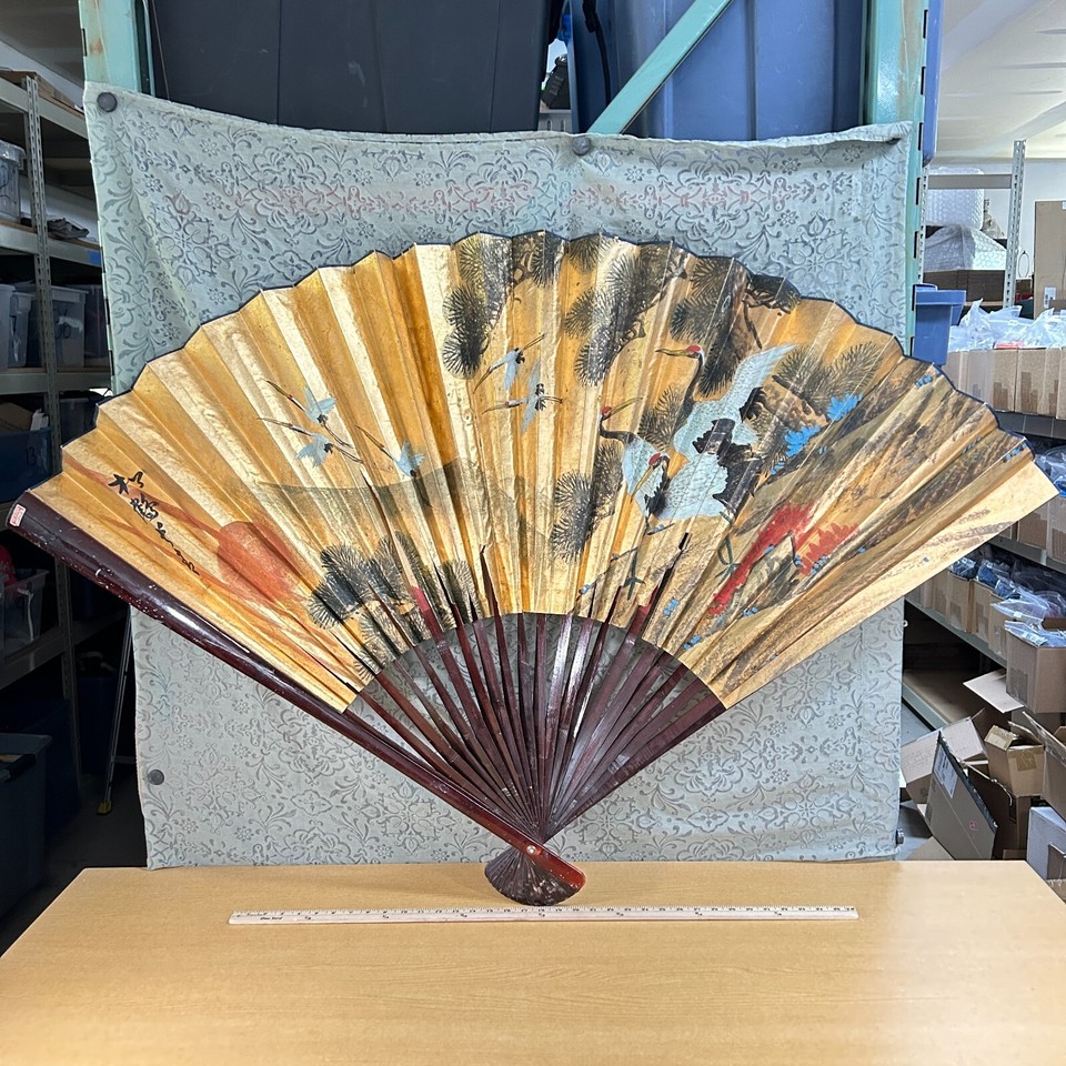 Large Oriental Vintage Hand Painted Fan Decorative Wall Hanging Art ...