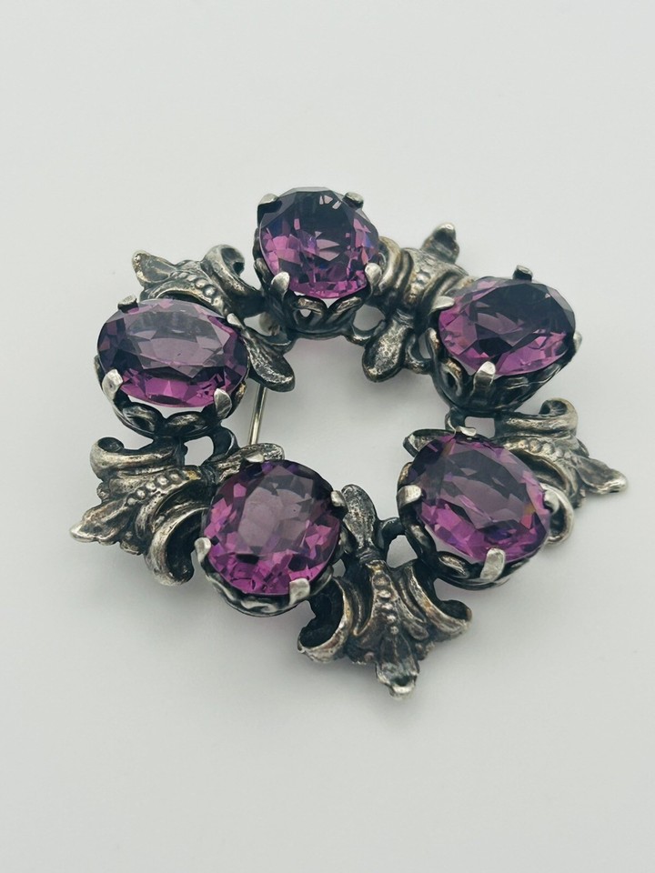 Vintage Cini Solid 925 Sterling Silver Fleur de Lis Brooch Purple Glass ...