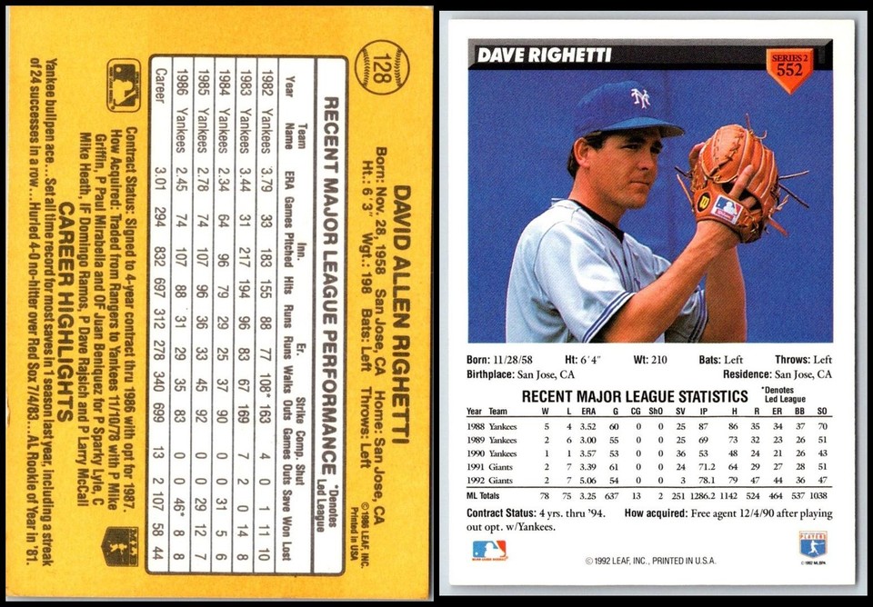 Donruss Dave Righetti (2) Card Lot - BRING HOME SOMETHING TRULY ...