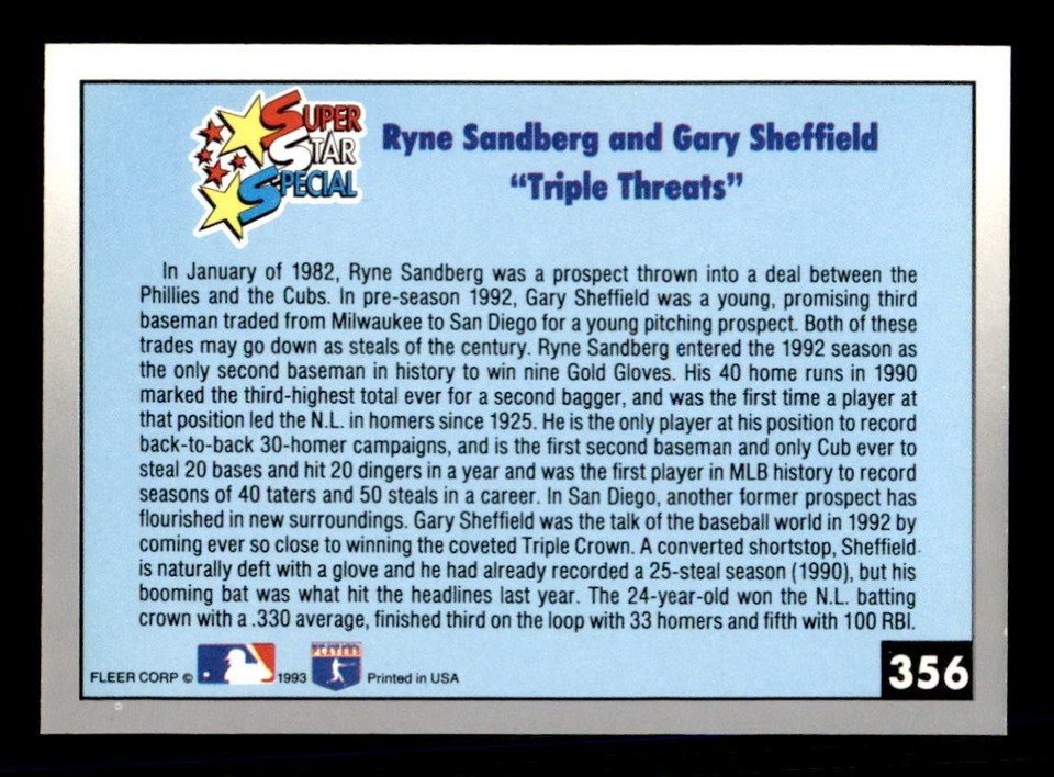 1993 Fleer #356 Triple Threats (Ryne Sandberg / Gary Sheffield) SSS ...