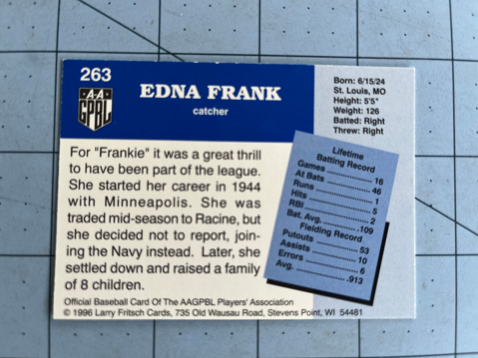 AAGPBL Edna Frank #263 Baseball Card Autographed Minneapolis Free Ship ...