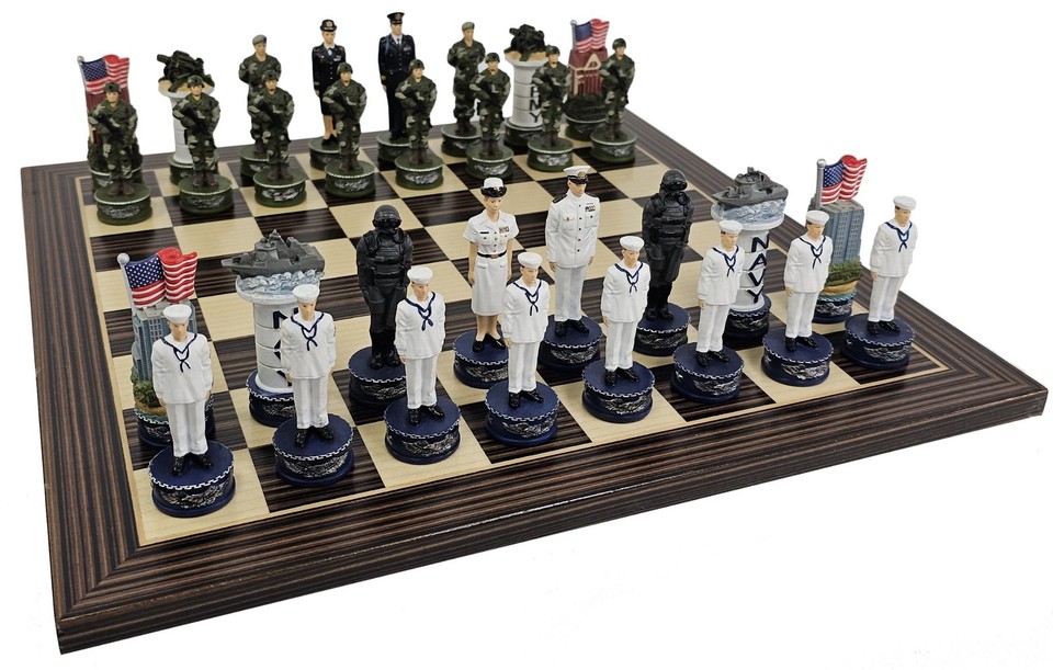 US Military Army vs Navy Chess Men Set with 14" Ebony & Maple Wood ...