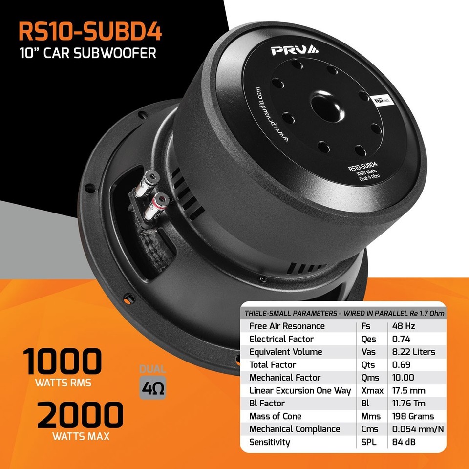 2x PRV 10" Car Subwoofer 2000 Watts Dual 4 Ohm RS10-SUBD4 High ...