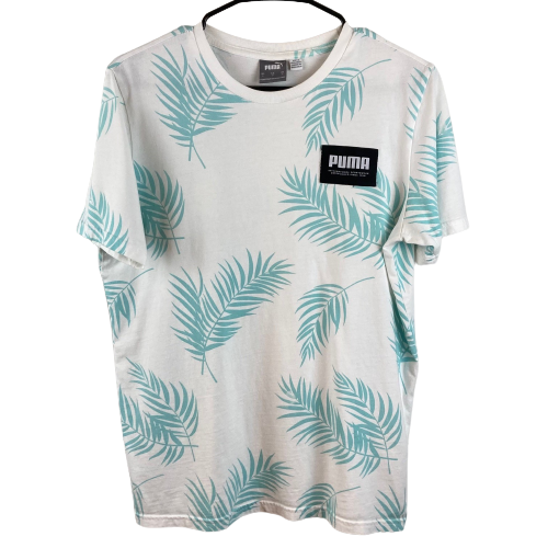 PUMA Palm Tree AOP Blush Logo T-Shirt sz Small Cloud White Green ...