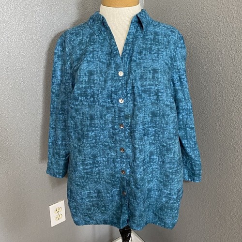 JM collection Blouse Women’s Size 12 Linen Blend Teal Blue Button Front ...