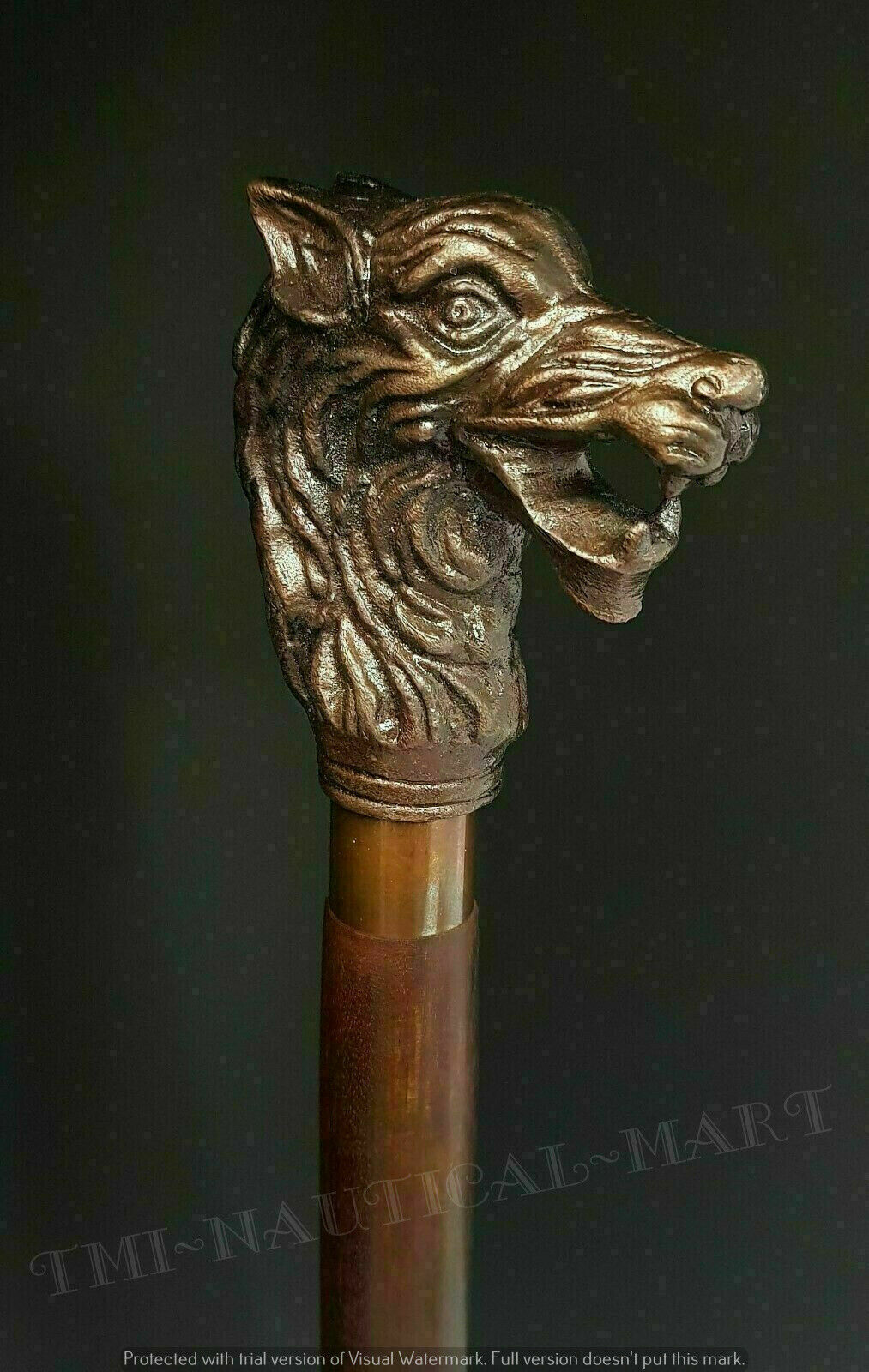 Antique Brass Wolf Designer Head Handle Wood Wooden W… - Gem