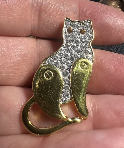 Vintage Signed Monet Gold Tone Rhinestone Cat Pin Brooch Vtg Orange ...