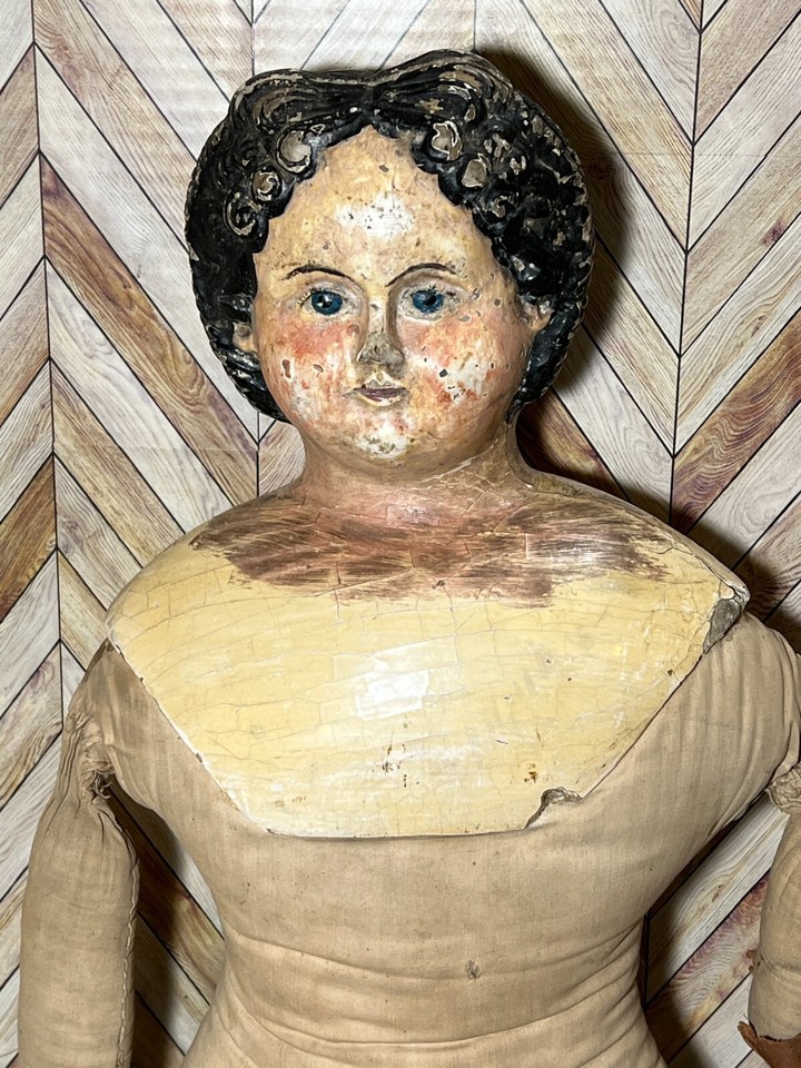 ANTIQUE 19TH CENTURY LUDWIG GREINER PAPIER MACHE DOLL LEATHER ARMS 1858 ...