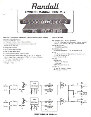 Owner's Manual for Randall RRM-2-2 Guitar Bass Keyboard 2 Ch Stereo ...