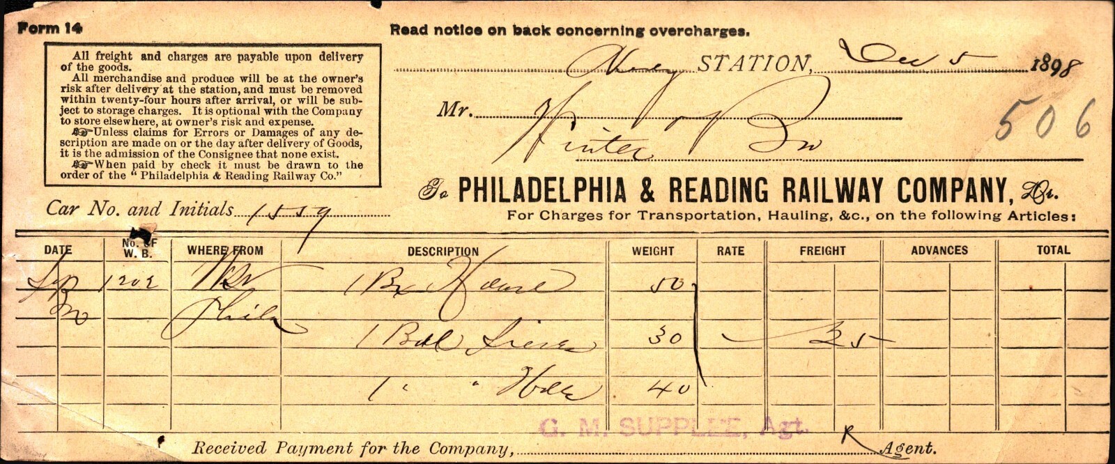 Vtg Railroad Local Freight Waybill 1898 Philadelphia & Reading Railway ...