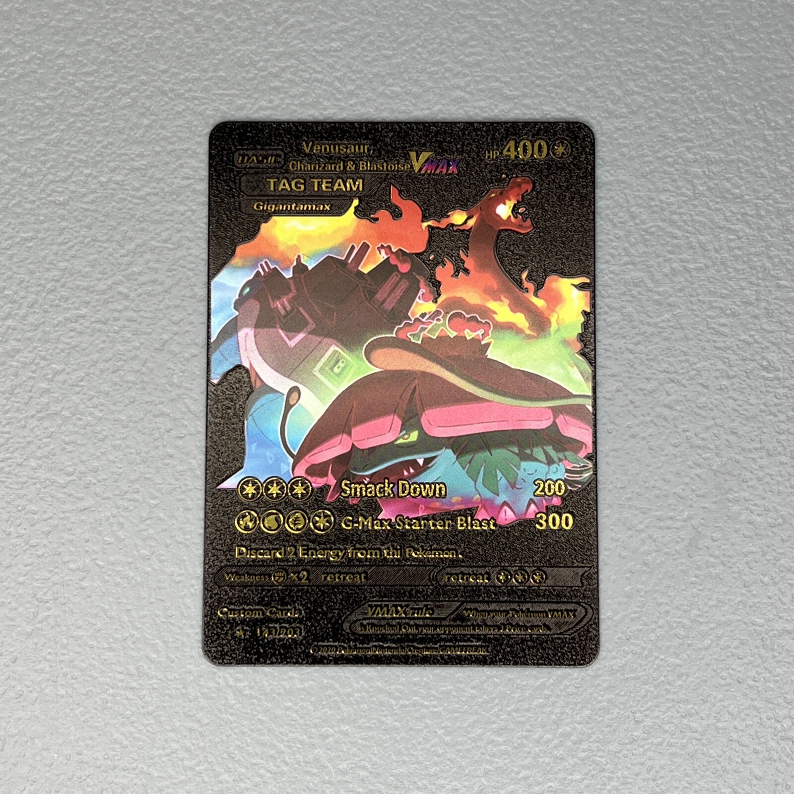 Pokemon-Venusaur,-Charizard-Blastoise-VMAX-400H-Black-Foil-Fan-Art-Card-143/203 Values - MAVIN