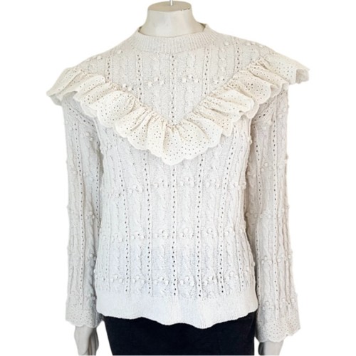 NWT ZARA Eyelet Ruffled Mock Neck Cable Knit Sweater in Cream WOMEN'S SMALL | eBay
