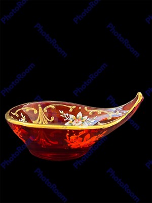 Vintage MURANO Ruby Red Glass TRINKET DISH 24 KT. Gold Gilding Enamel ...