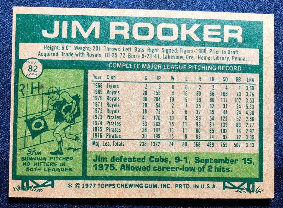 1977 TOPPS #82 JIM ROOKER (PITTSBURGH PIRATES) BASEBALL CARD | eBay