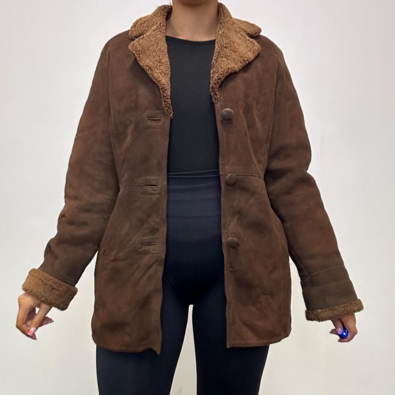 Genuine Sheepskin Shearling Suede Brown Coat Jacket W… - Gem