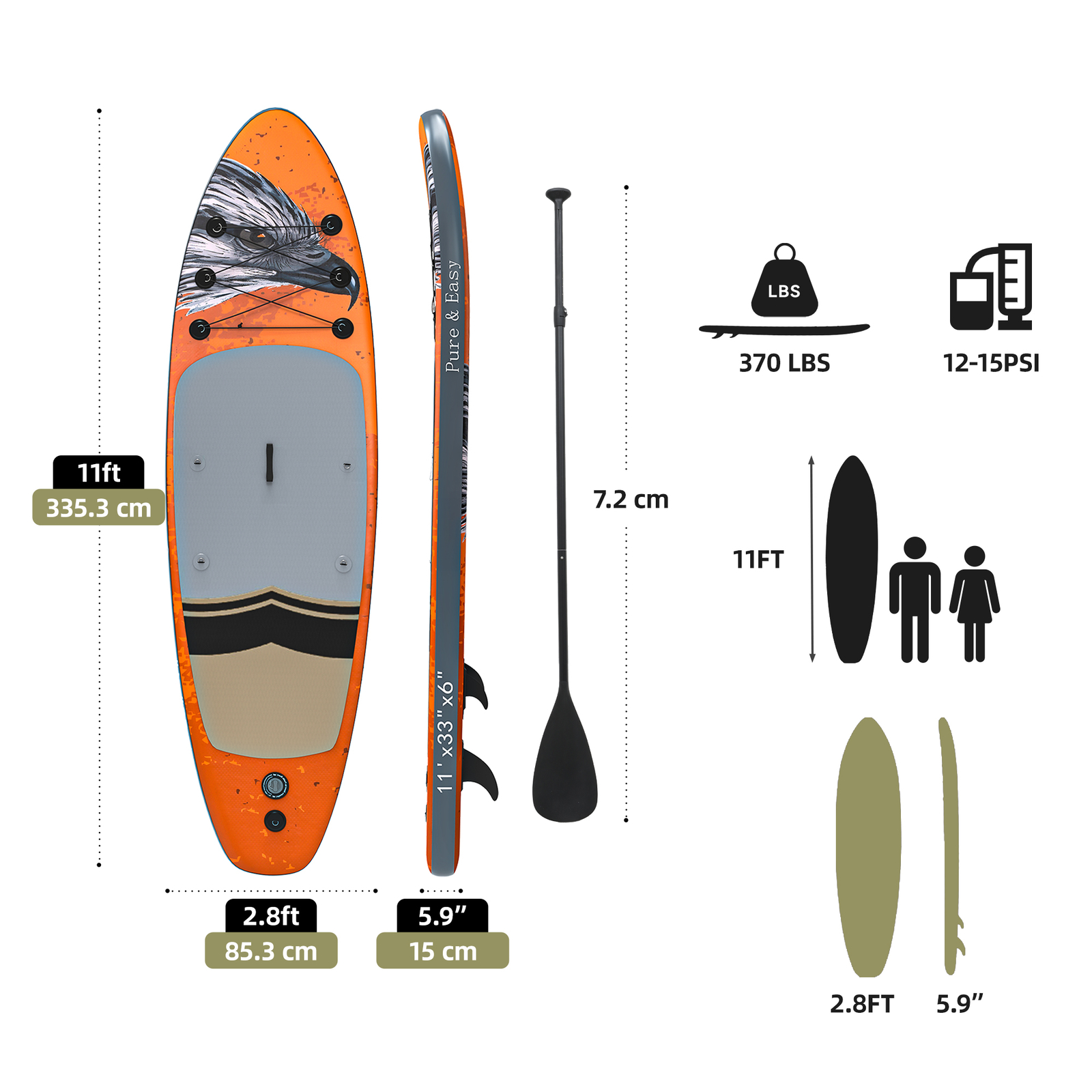 11' x 2.8' Surfing Paddleboard Stand Up Floating PVC Board FREE Accessories