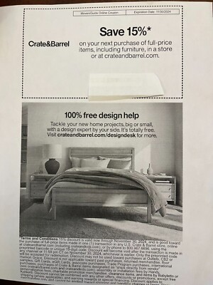 Crate & Barrel Coupon - 15% Off Full Priced Items Print out exp 11/30 ...
