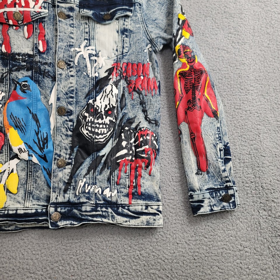 Reason Trucker Jacket Men's Medium Blue Denim Jean All Over Print ...