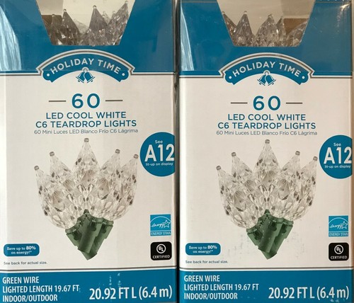 120 Holiday Time Cool White Diamond Faceted C6 Teardrop LED String ...